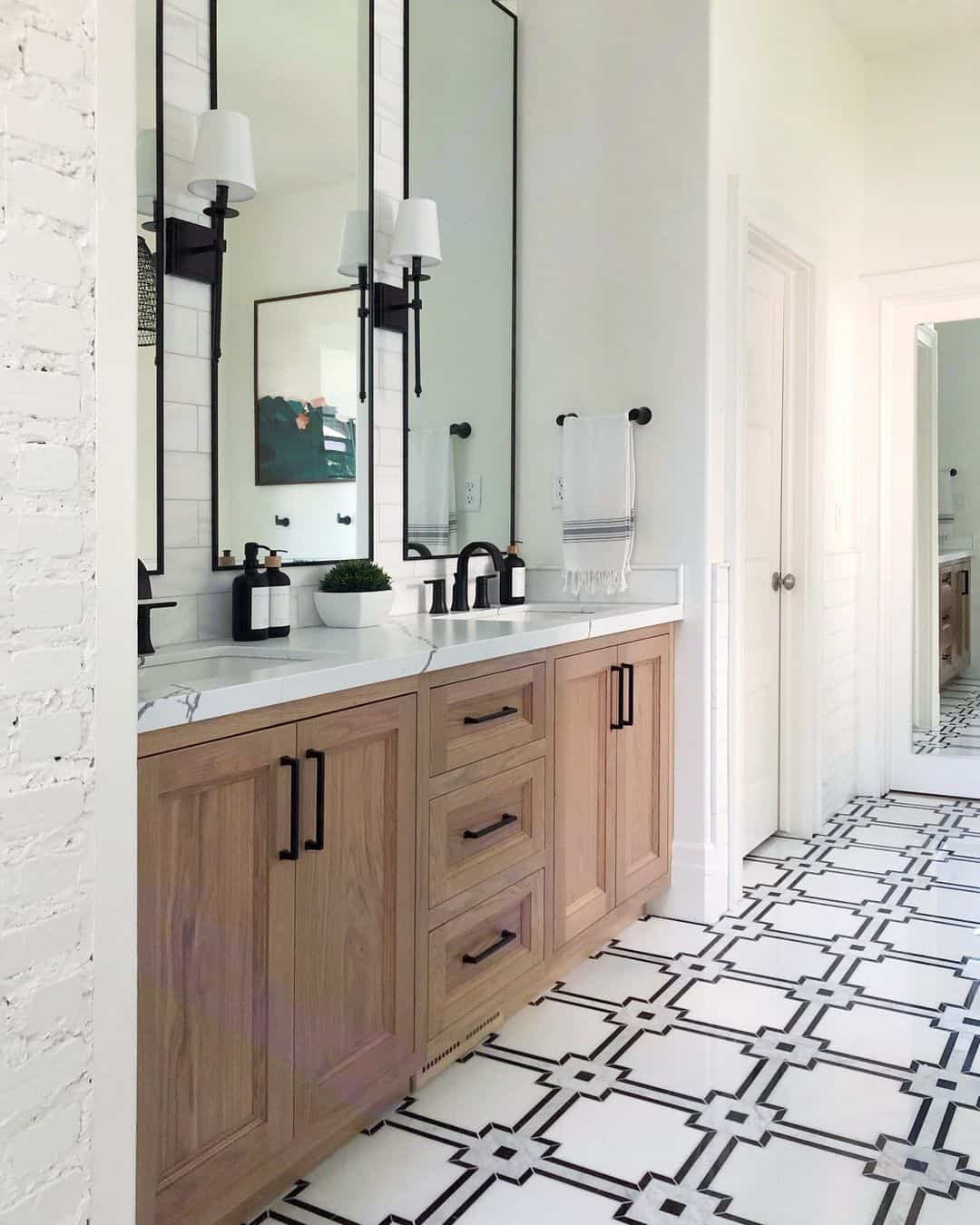 Stained Wood Vanity On Bathroom Floor Tiles Soul Lane