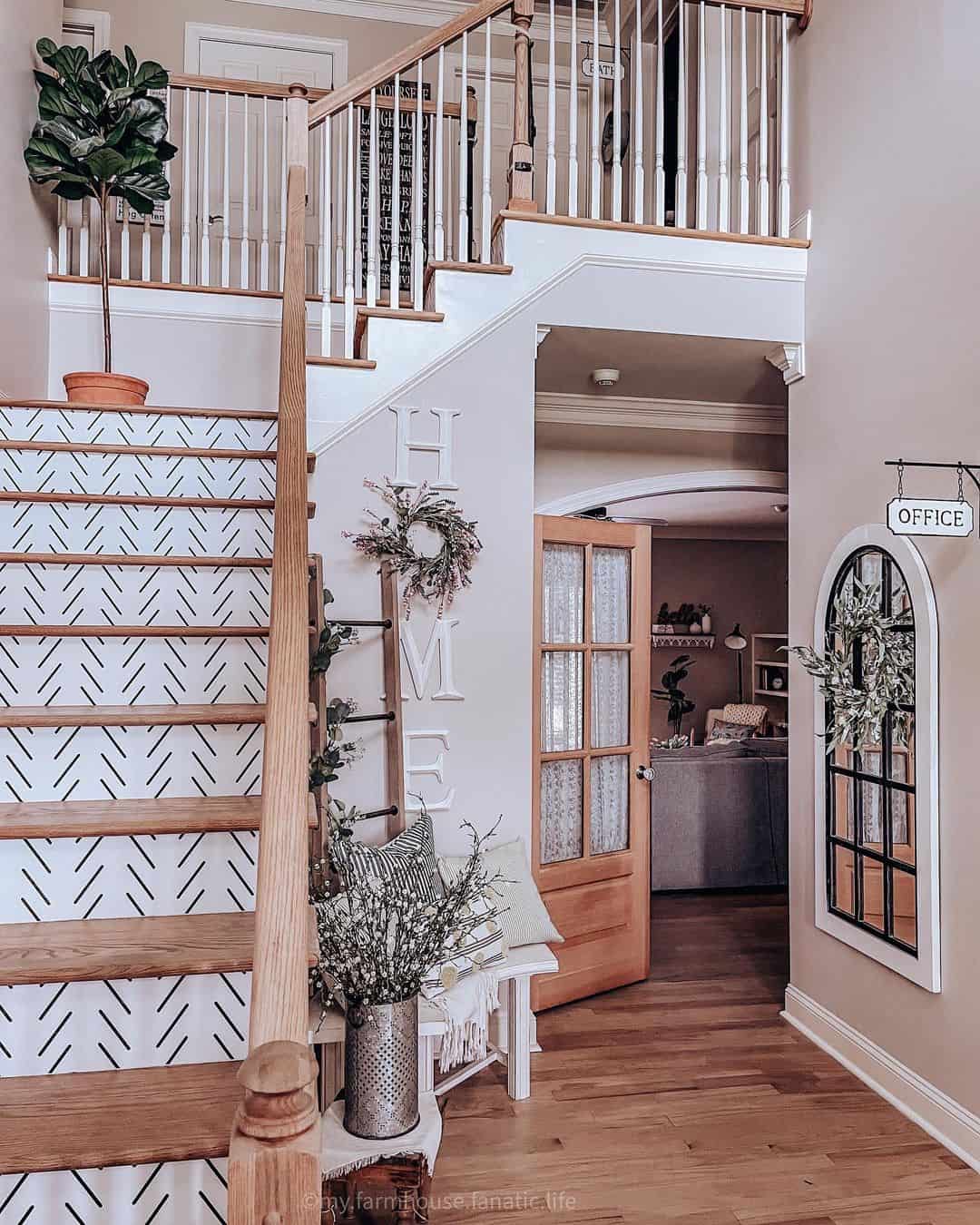 Chevron Pattern Stair Riser with Wooden Treads - Soul & Lane