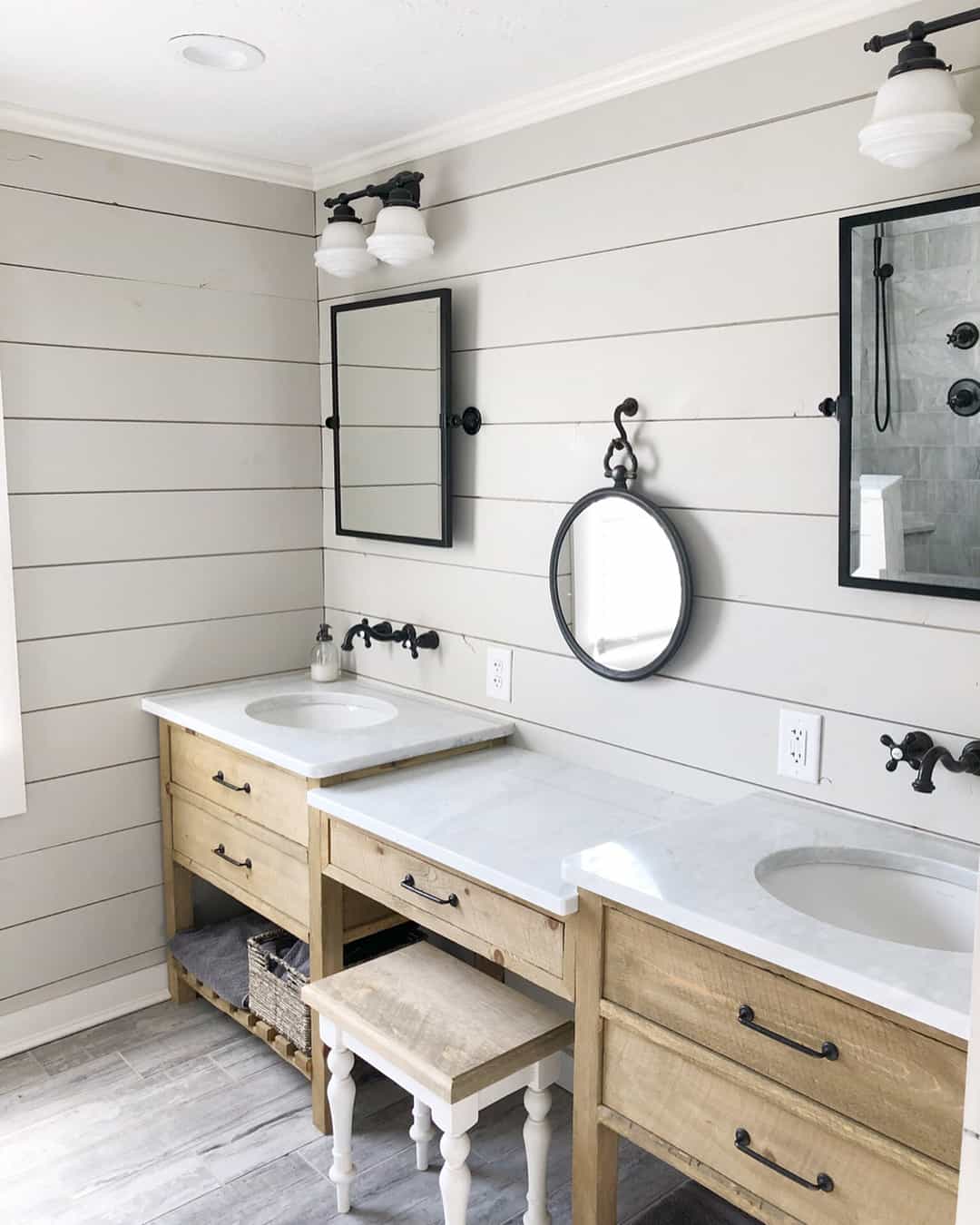 Grey Shiplap Walls in a Farmhouse Bathroom - Soul & Lane
