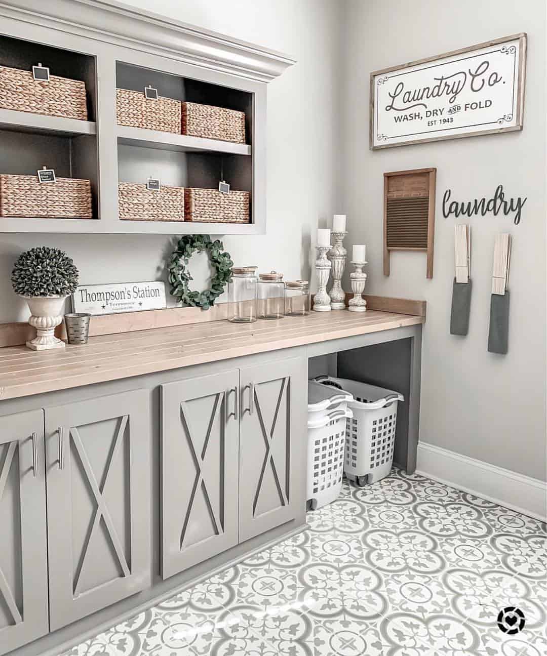 Ornate Gray and White Laundry Room Tiled Floor - Soul & Lane