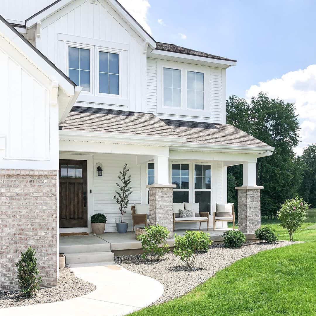 White Porch Columns with Gray Brick Bases - Soul & Lane