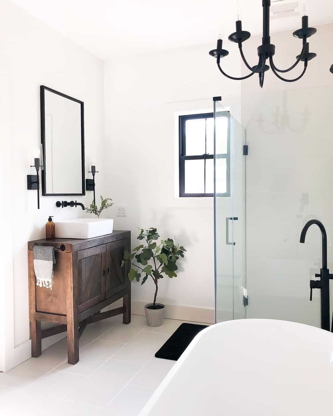 Stained Wood Washstand with White Vessel Sink - Soul & Lane
