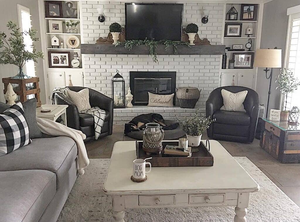 White Brick Fireplace and Rustic Wood Table - Soul & Lane