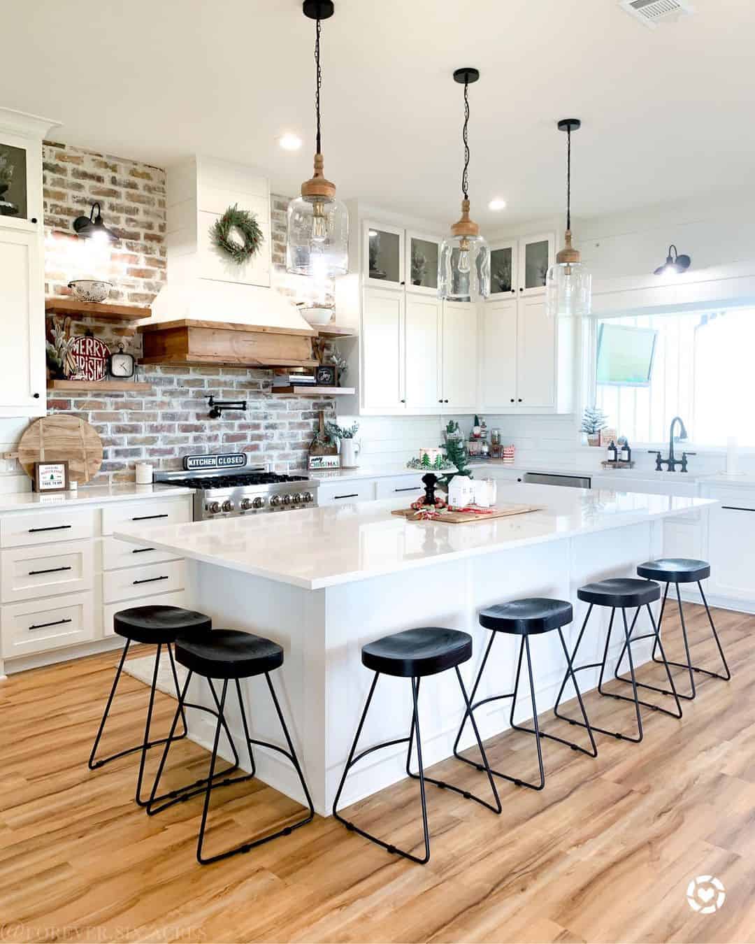 White Kitchen With Brick Backsplash - Soul & Lane