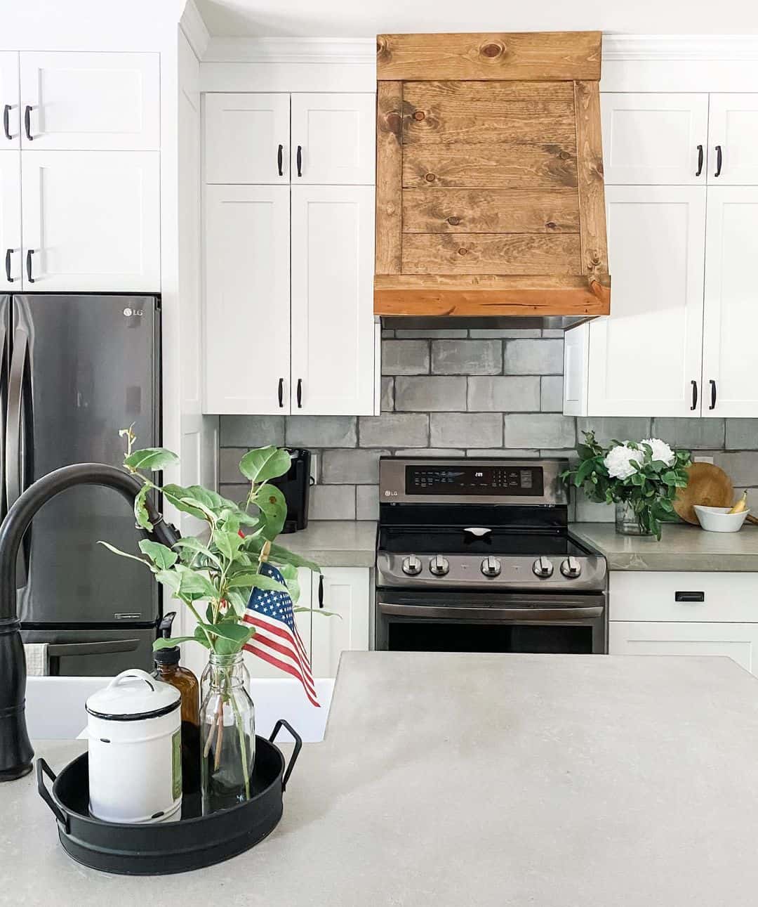 Wood Range Hood Over Gray Tile - Soul & Lane