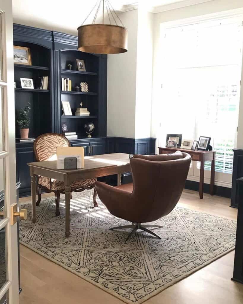 Black Wainscoting and a Beige Home Office Rug - Soul & Lane