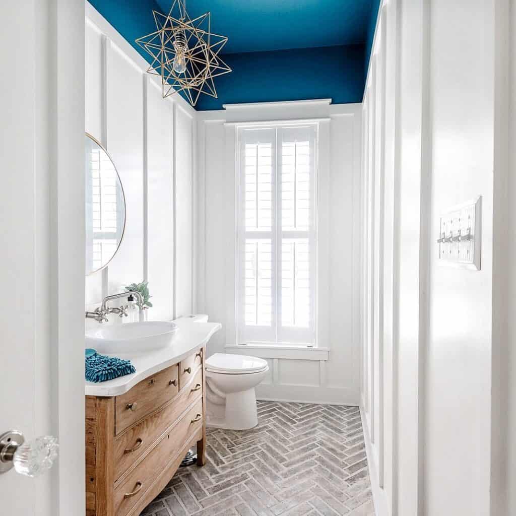 Blue Ceiling in Board and Batten Bathroom - Soul & Lane