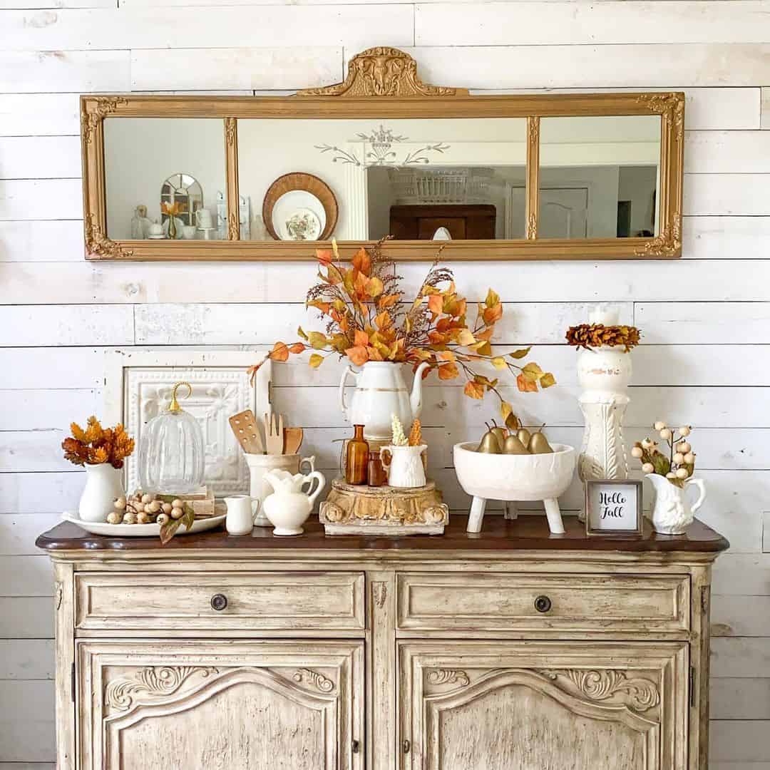 Fall Decor on Rustic Wood Sideboard - Soul & Lane