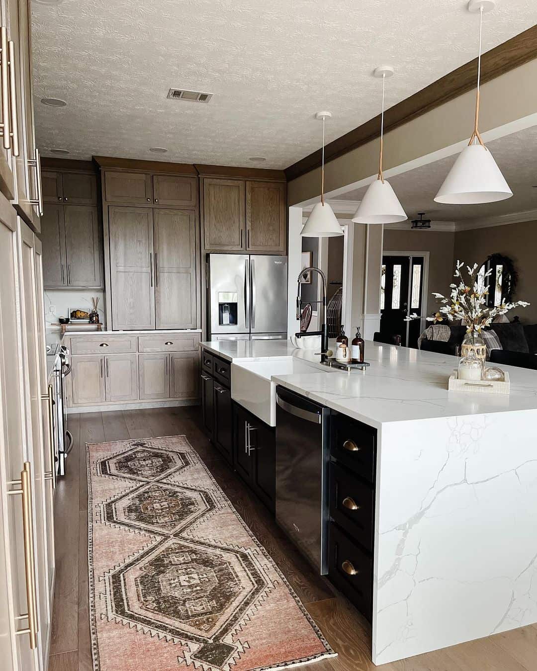 Geometric Red Kitchen Runner Mat and Wood Cabinets - Soul & Lane