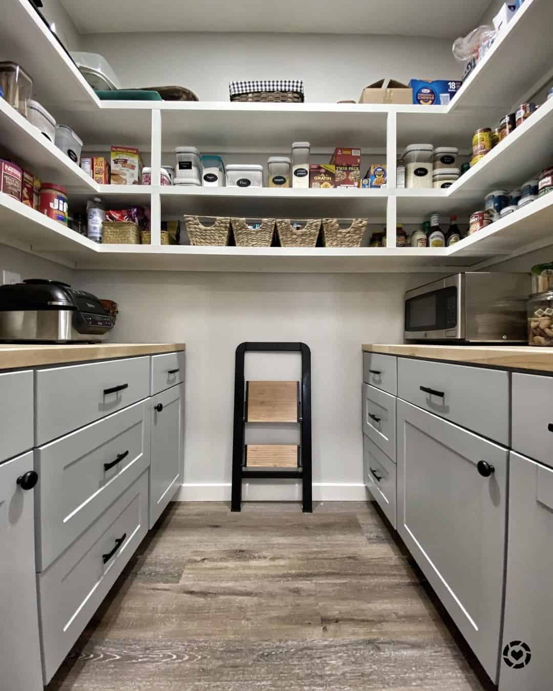 Gray Walk In Pantry Cabinets with White Shelves - Soul & Lane