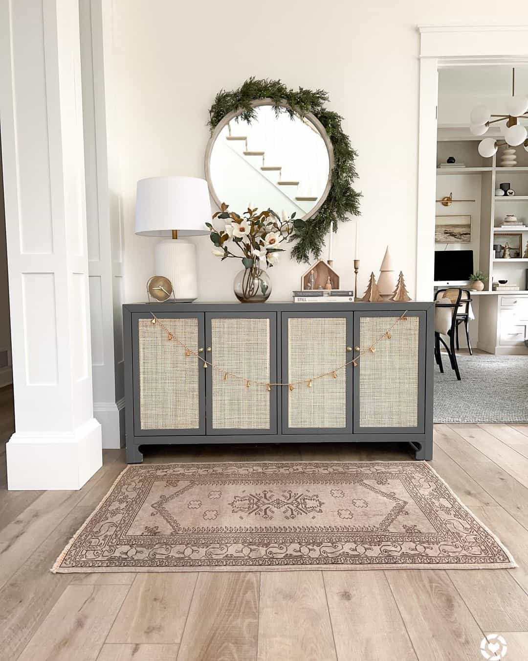 Grey Cane Sideboard with Circle Mirror - Soul & Lane