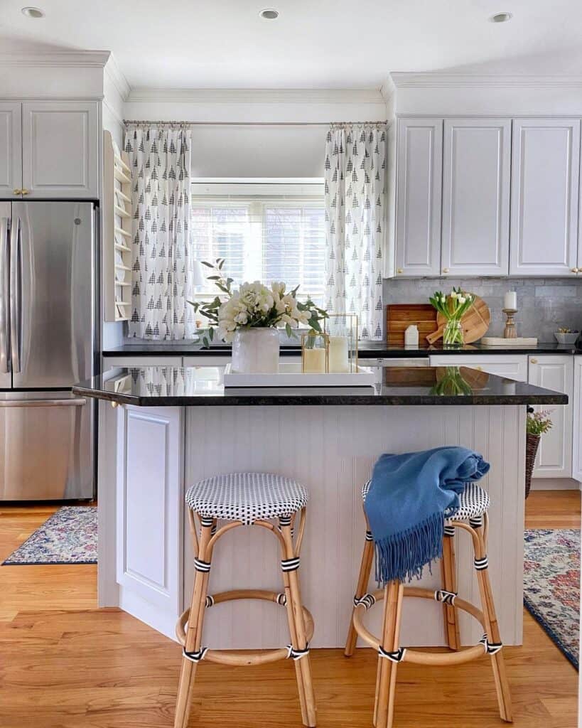Long Black and White Kitchen Curtains Over Black Counter - Soul & Lane