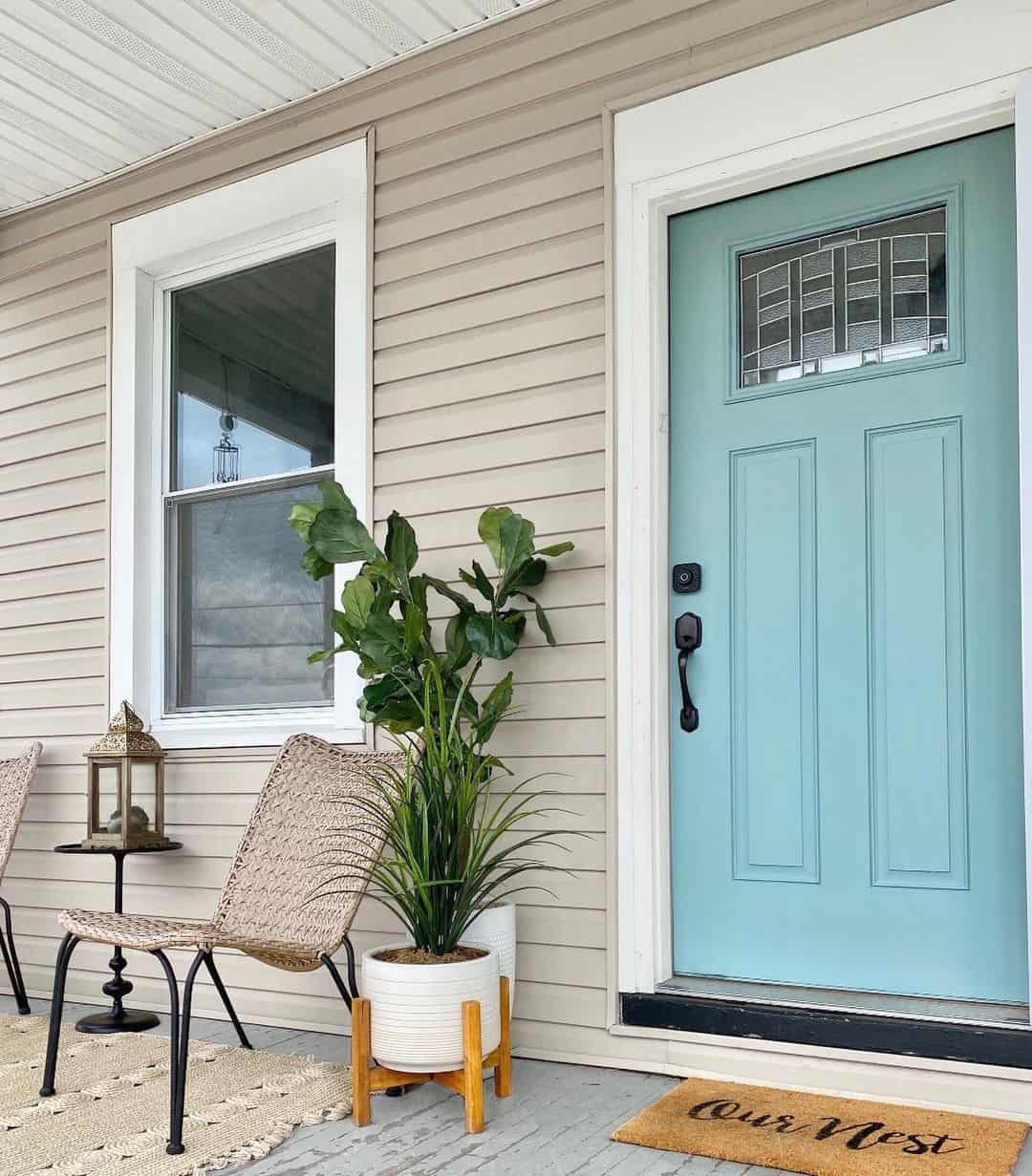 Pastel Blue Front Door on Neutral Porch - Soul & Lane