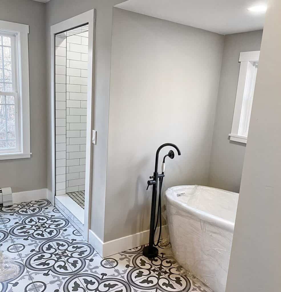 Patterned Tile Floor and Walk in Shower - Soul & Lane
