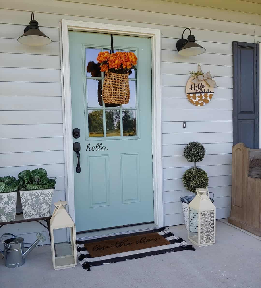 Rustic Fall Porch with Pale Blue Front Door - Soul & Lane