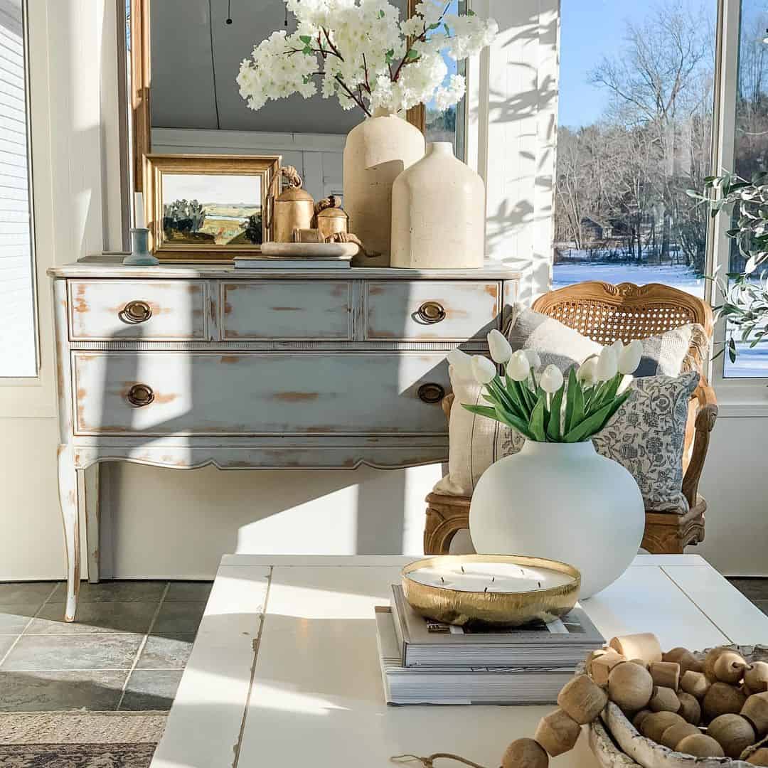 Rustic Gray Sideboard with Beige Vases - Soul & Lane