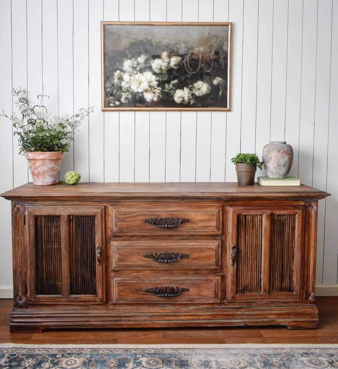 Rustic Wood Sideboard With Potted Plants - Soul & Lane
