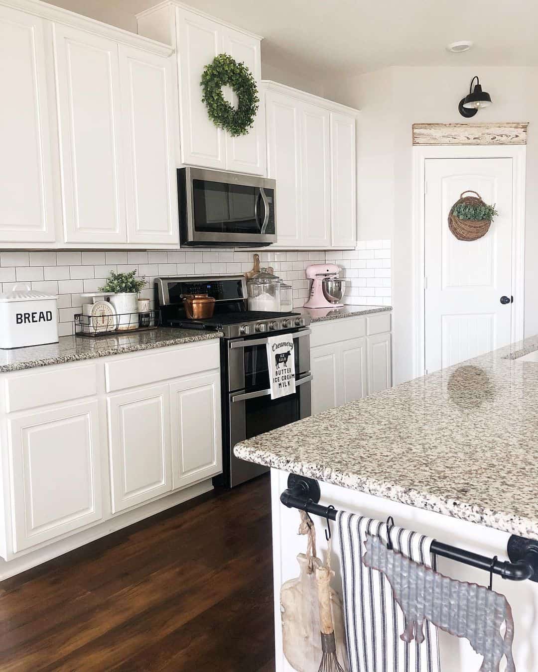 Subway Tile Backsplash For Busy Granite Countertops And Farmhouse Decor
