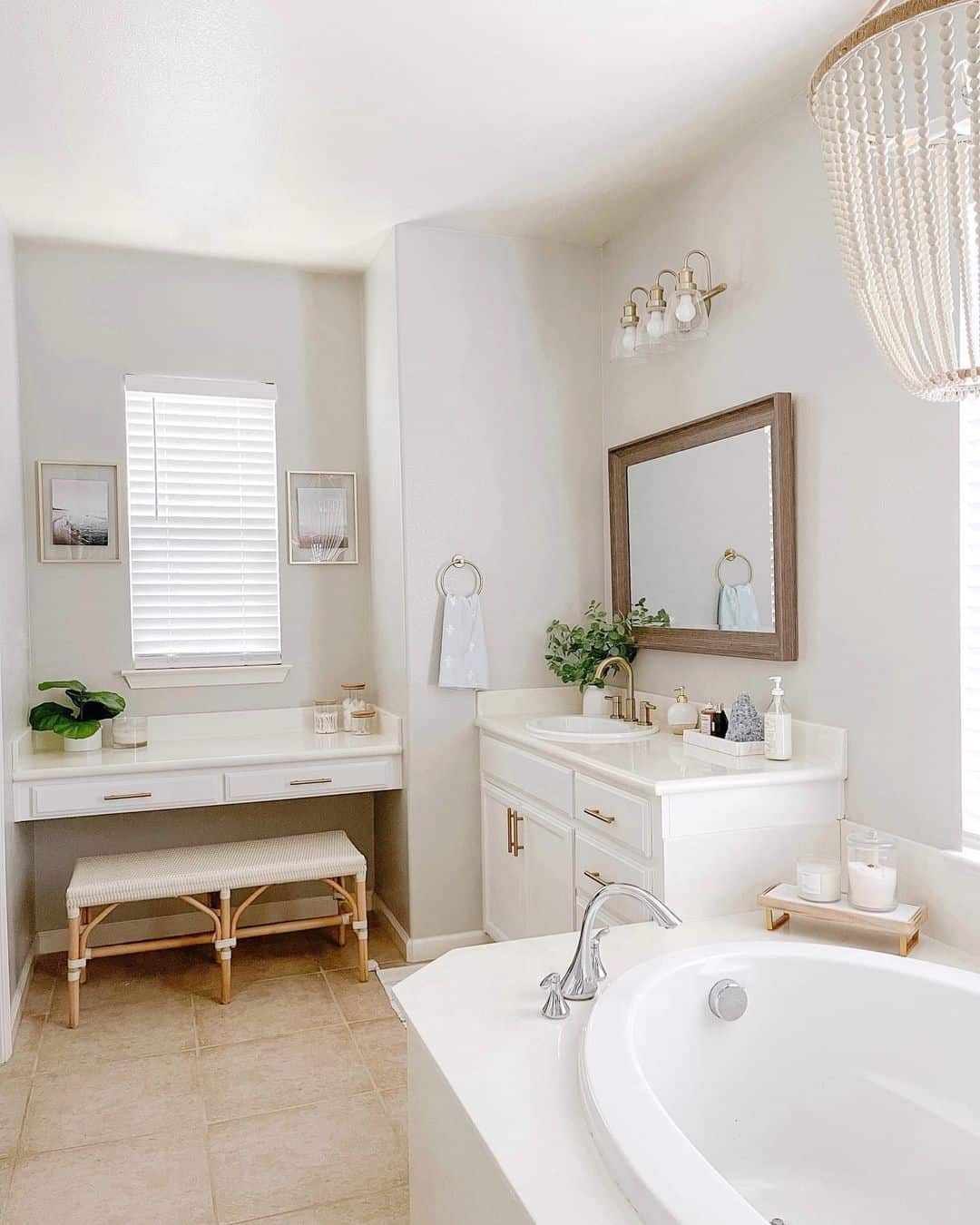 Brown Square Tile Bathroom Floor and a Rattan Bench - Soul & Lane