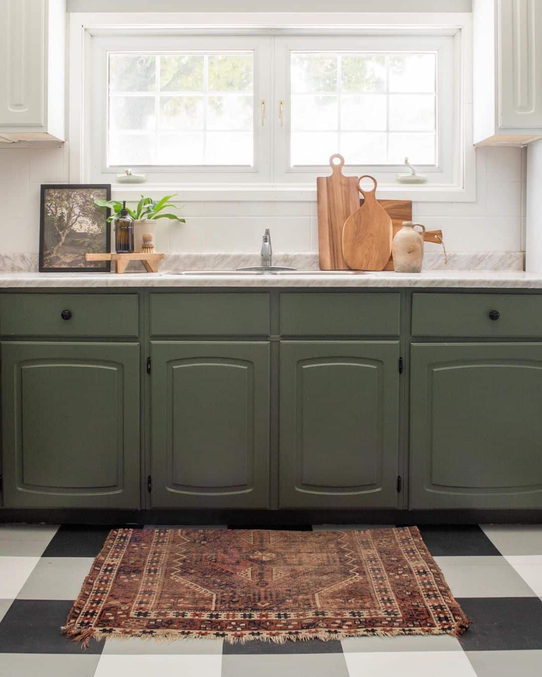 Checkered Tile Floor And Farmhouse Sage Green Kitchen Cabinets Soul