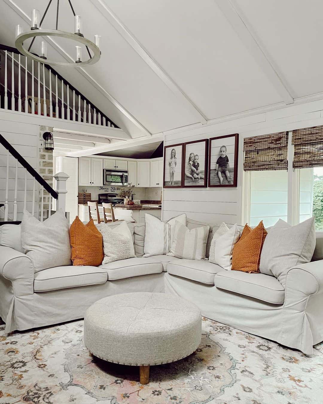 Fabric Ottoman in Farmhouse Living Room - Soul & Lane