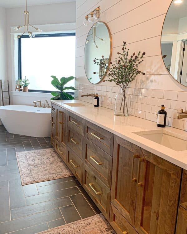Neutral Bathroom with Wood Double Vanity - Soul & Lane
