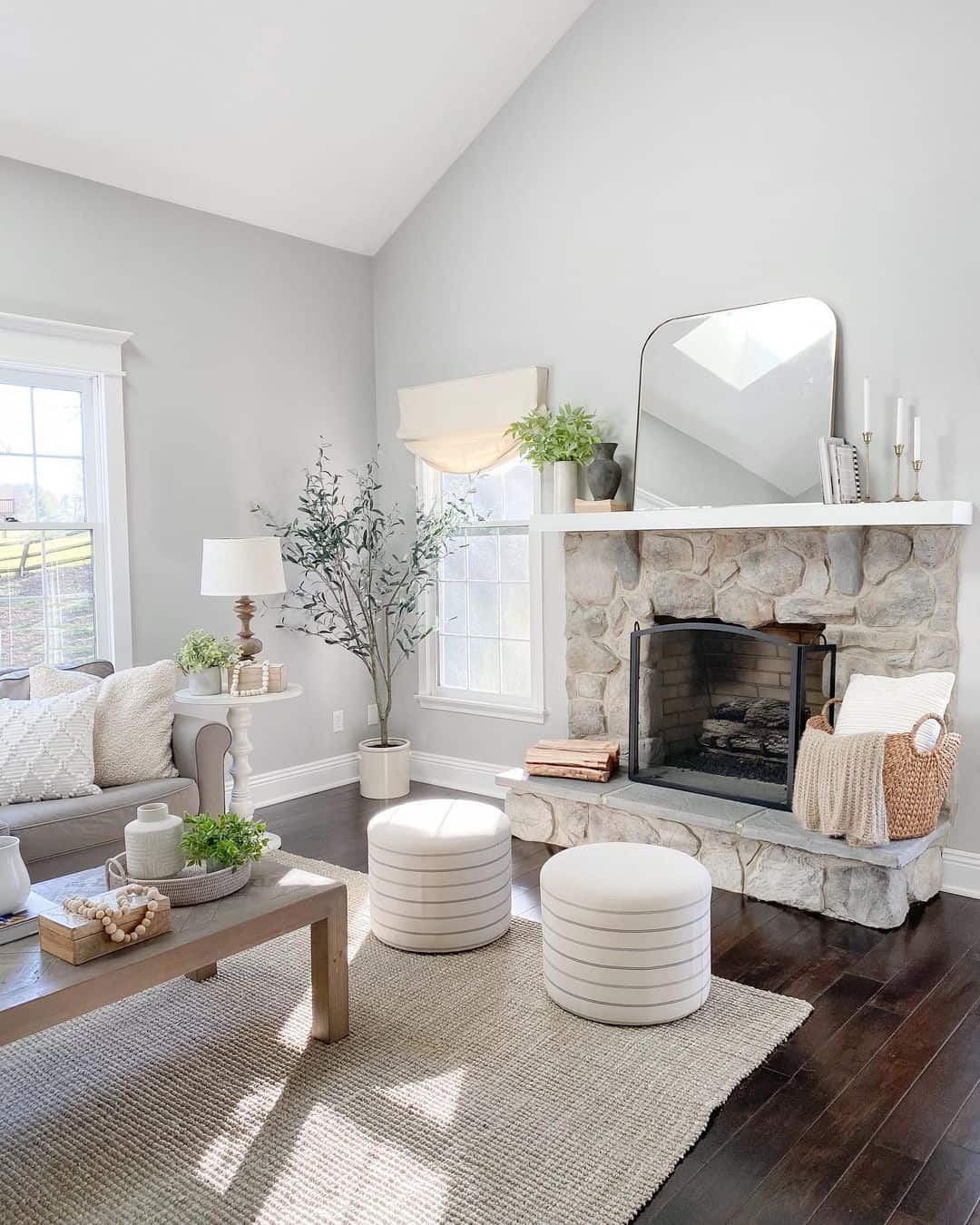 River Rock Fireplace with Two Small Poufs - Soul & Lane