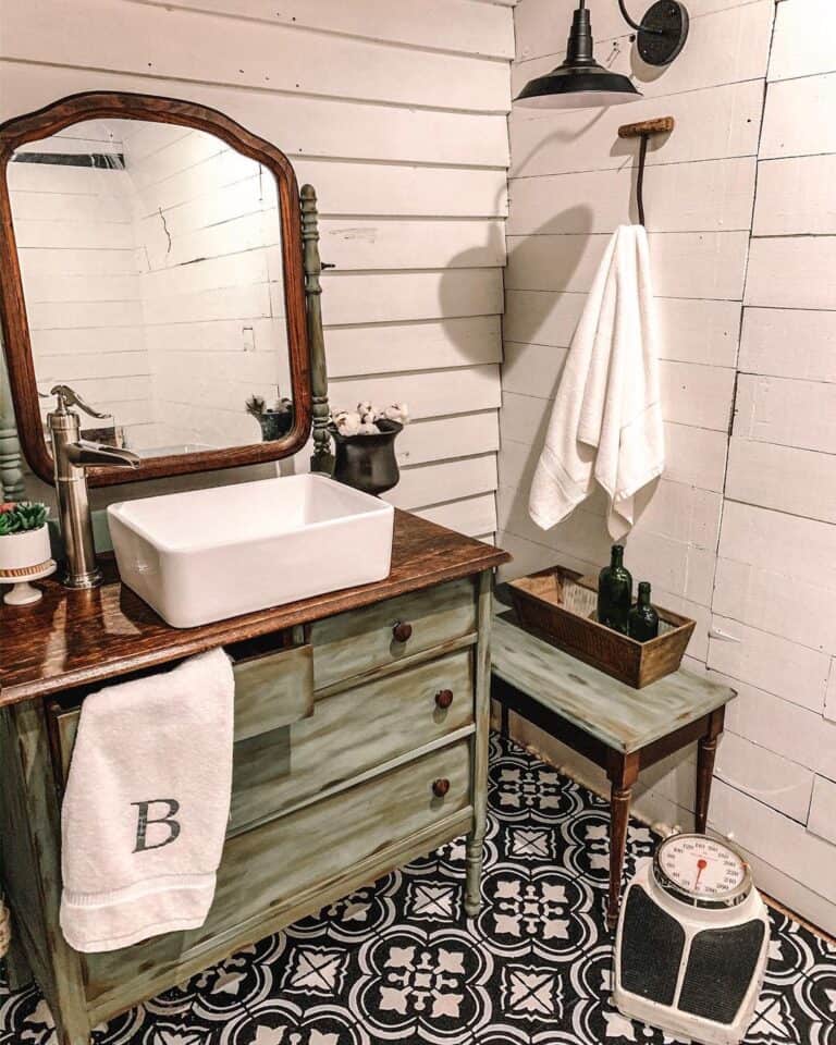 Rustic Farmhouse Bathroom with Green Vanity - Soul & Lane