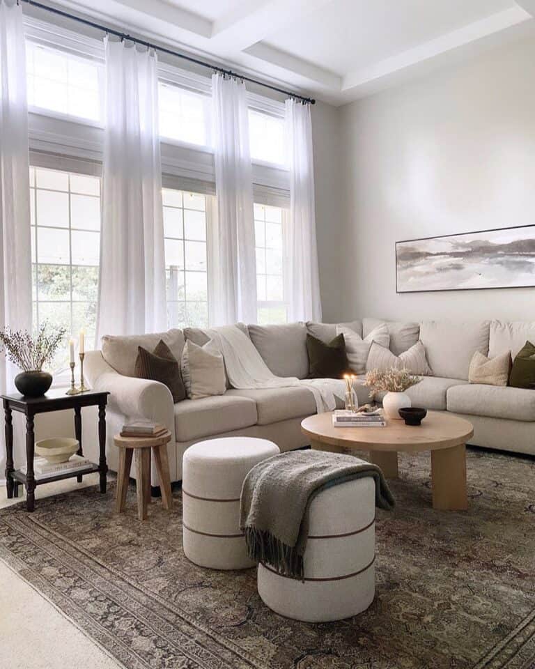 Traditional Living Room with Two Round Poufs - Soul & Lane