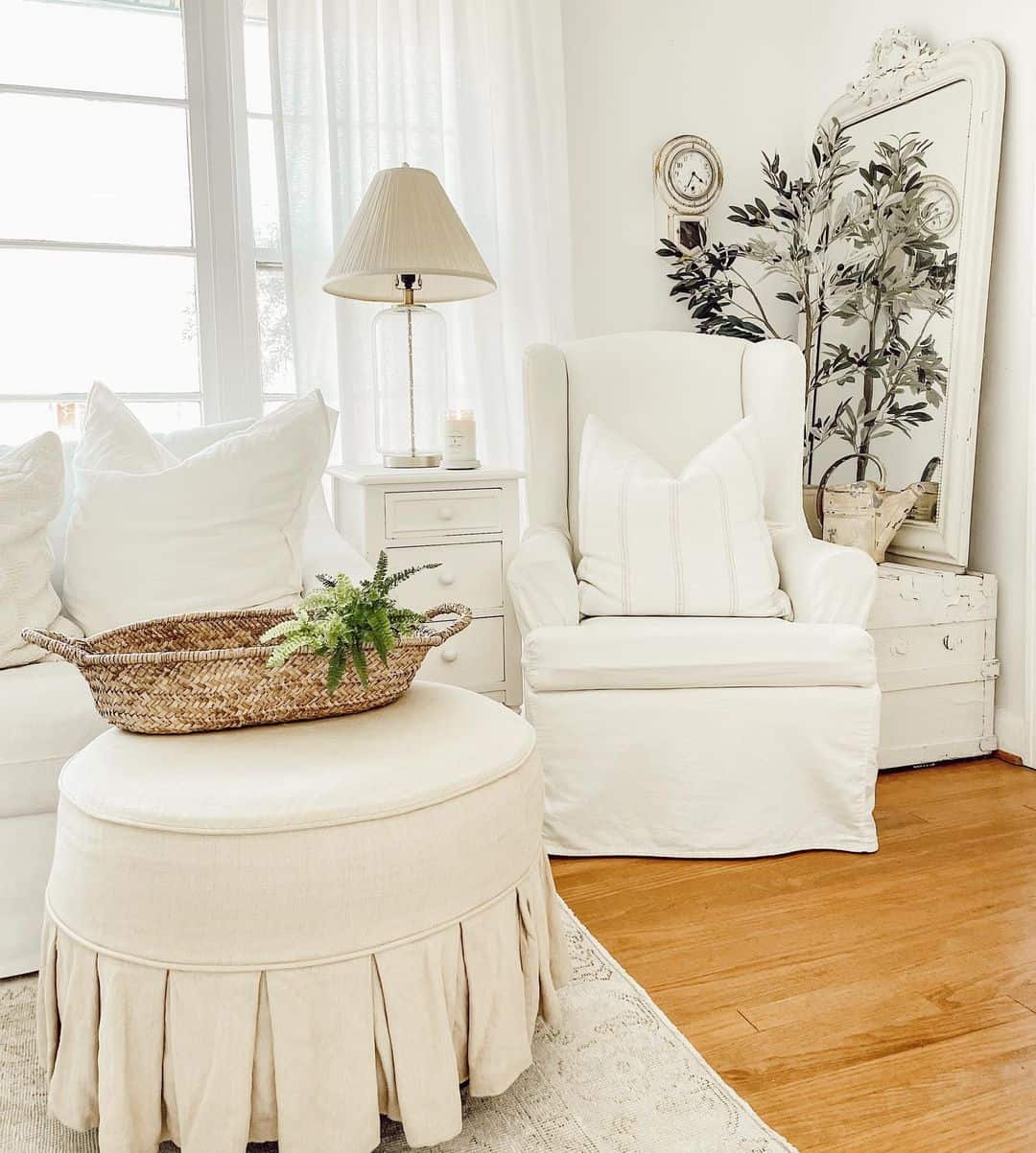 White Living Room with White Round Pouf - Soul & Lane