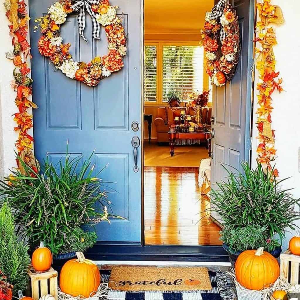 Blue French Doors with Fall Decor - Soul & Lane