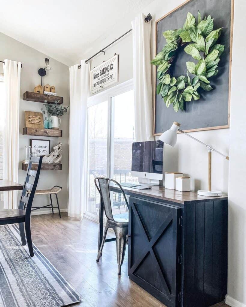 Farmhouse Black Barn Desk with Wreath Wall Decoration - Soul & Lane