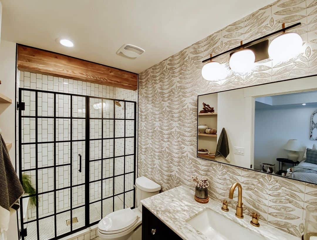 Grid Shower Door and Wood Ceiling Beam - Soul & Lane
