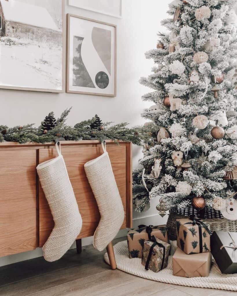 Neutral Stockings Next to Frosted Tree - Soul & Lane