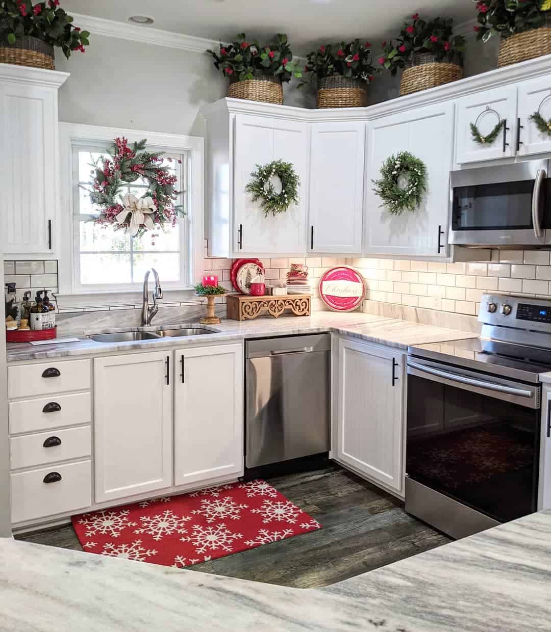 Red Kitchen Decor on Grey Marbled Countertops - Soul & Lane