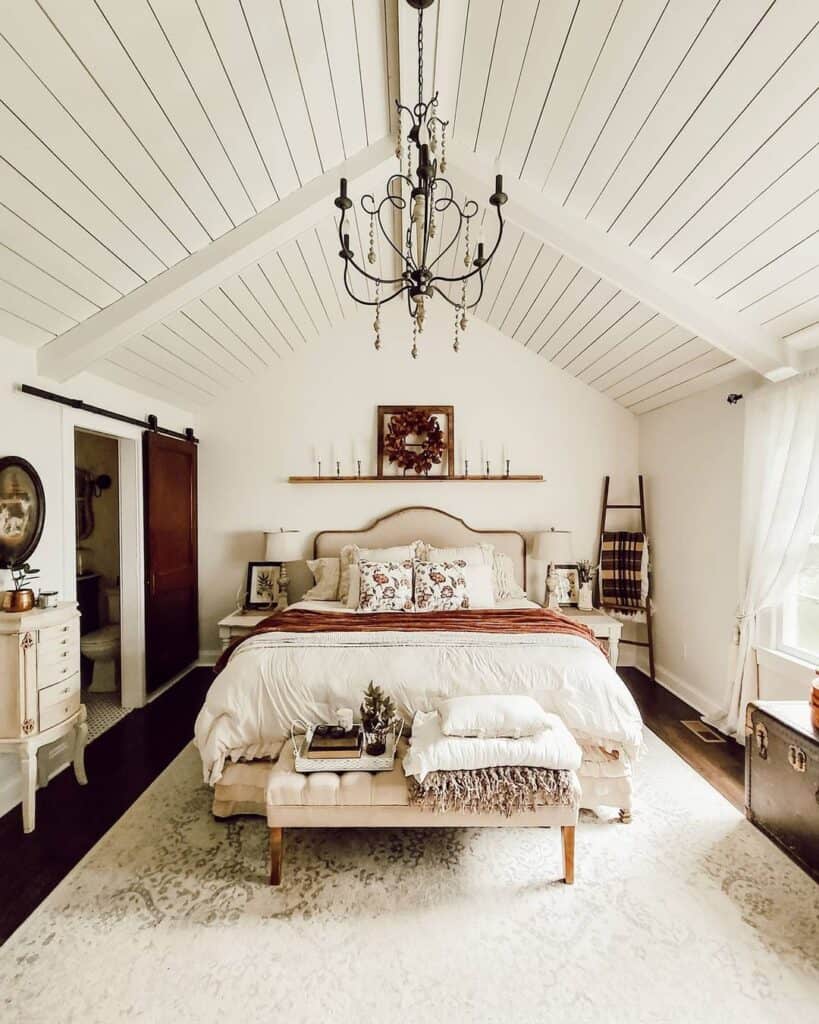 Rich Caramel and Cream Bedroom with Shiplap Ceiling - Soul & Lane