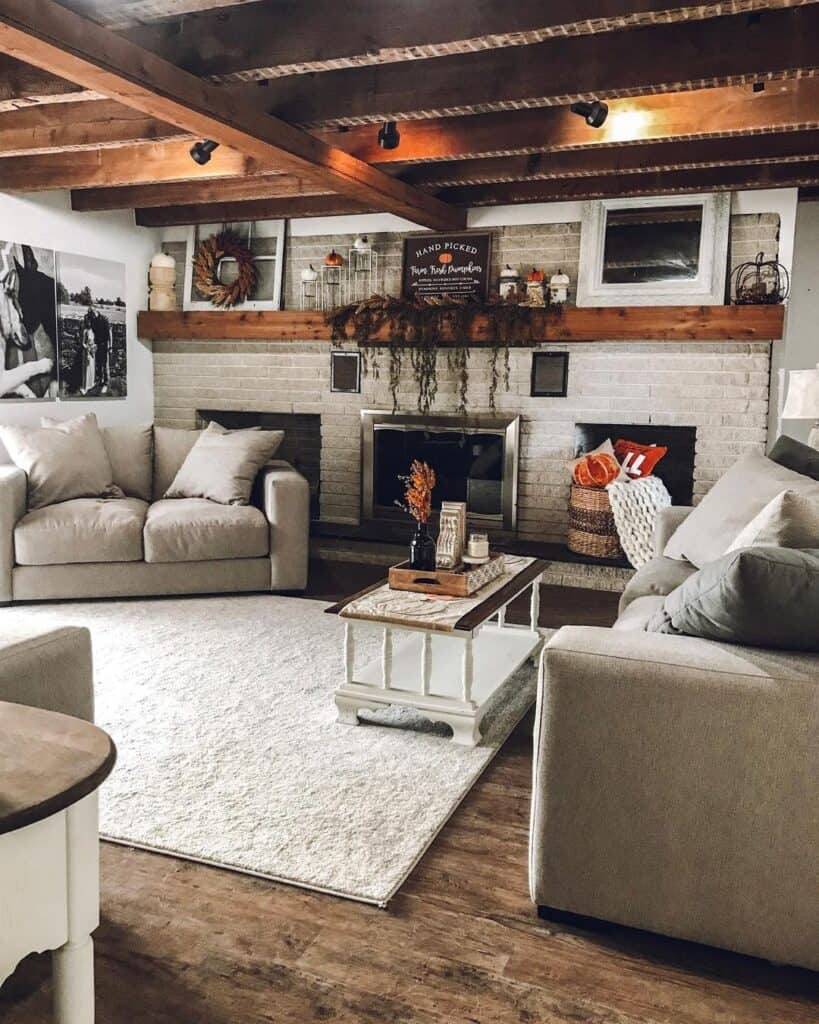 Rustic Beams in Grey Couch Living Room - Soul & Lane
