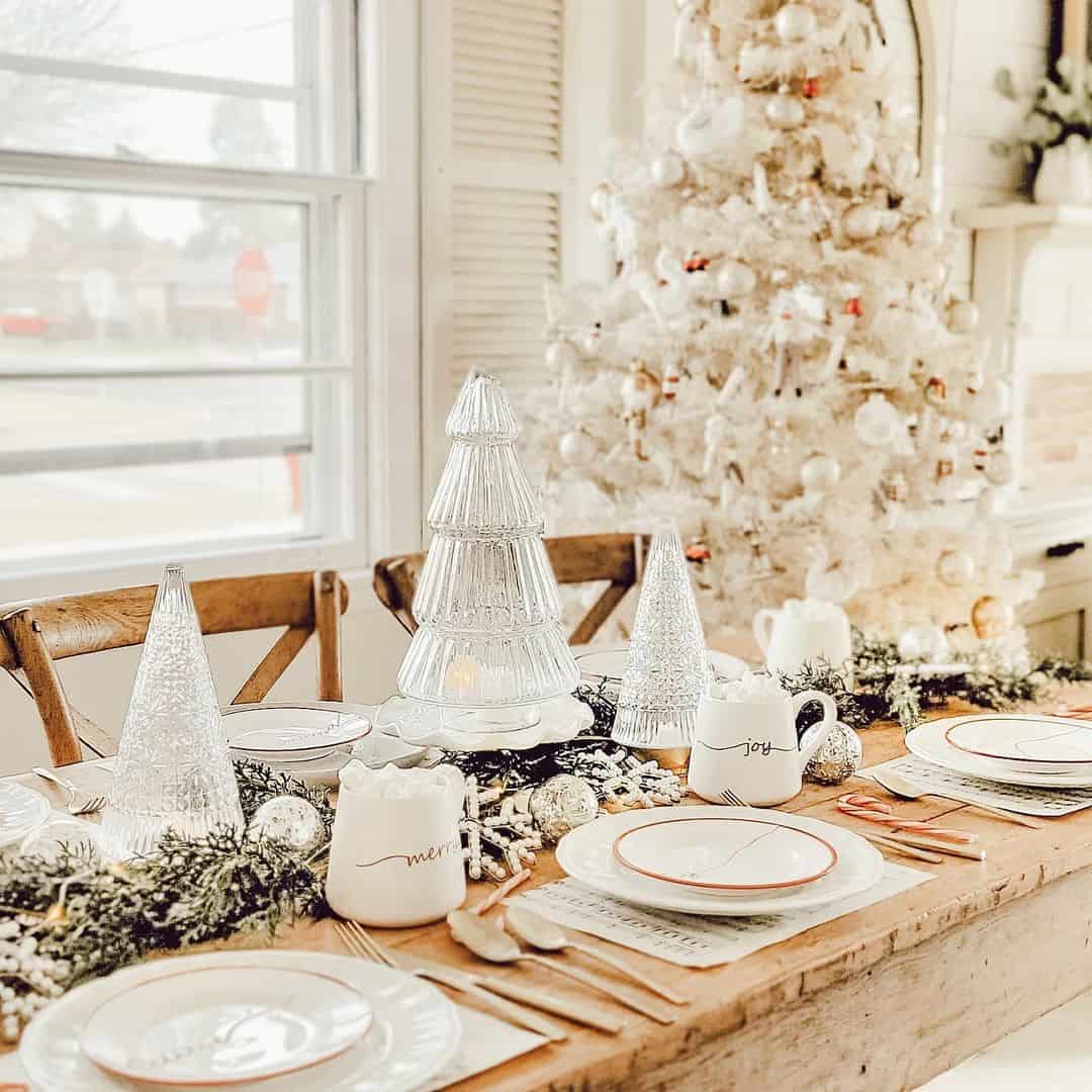 Rustic Wood Dining Table with Textured Glass Tree Decorations - Soul & Lane