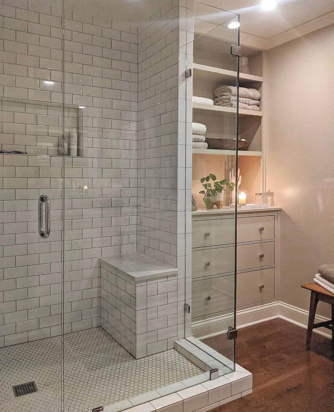 Shelving Unit Beside Shower with Bench - Soul & Lane