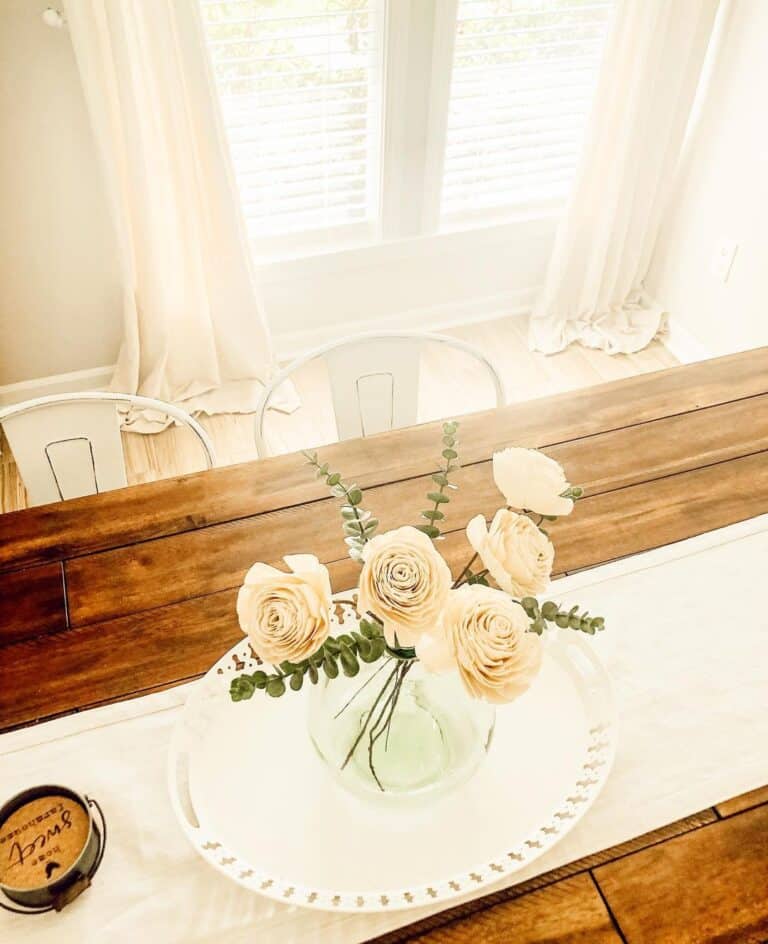 White Flower Centerpiece in White Tray with Beige Runner - Soul & Lane