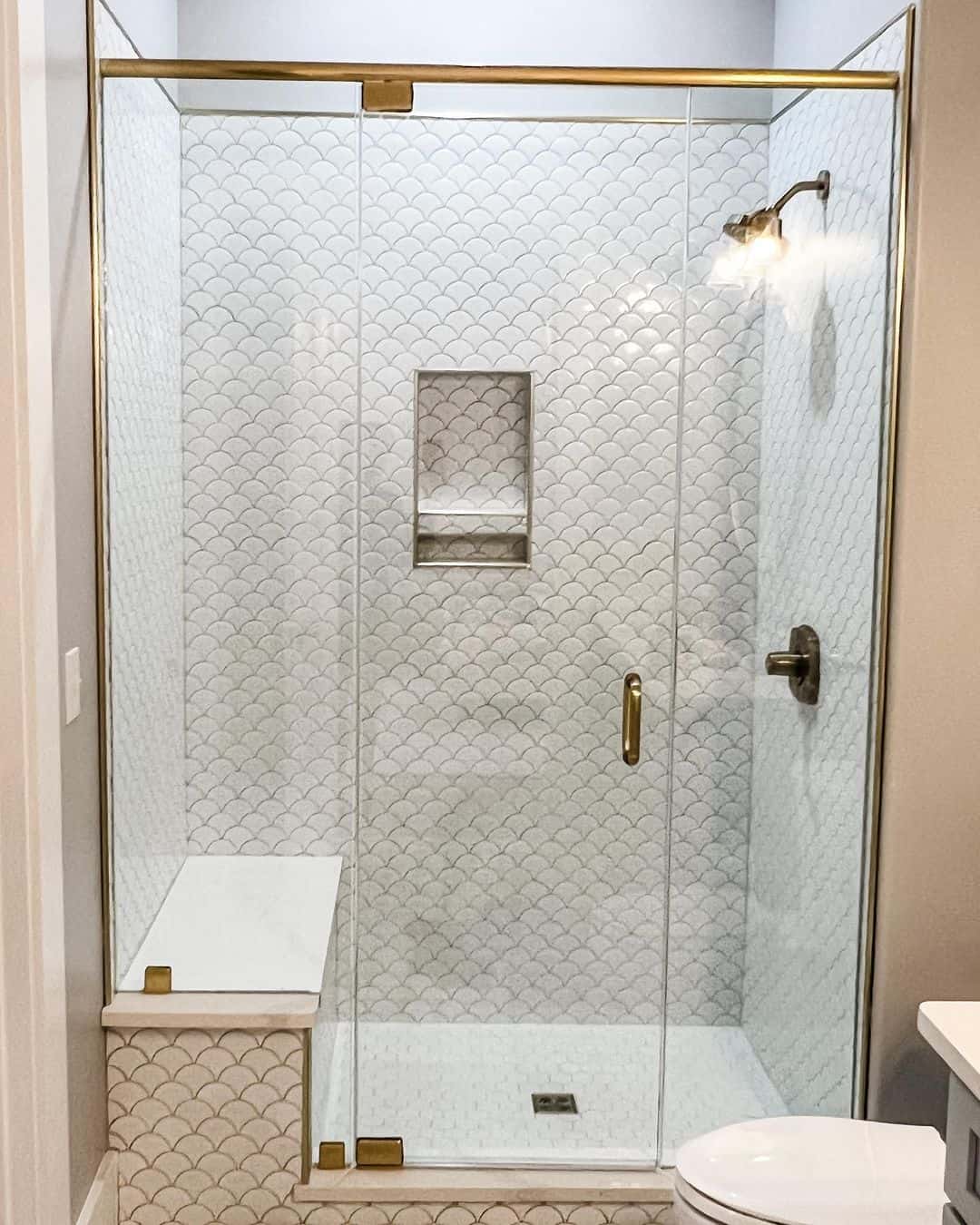 White Scallop Tile Shower With Bench Soul And Lane