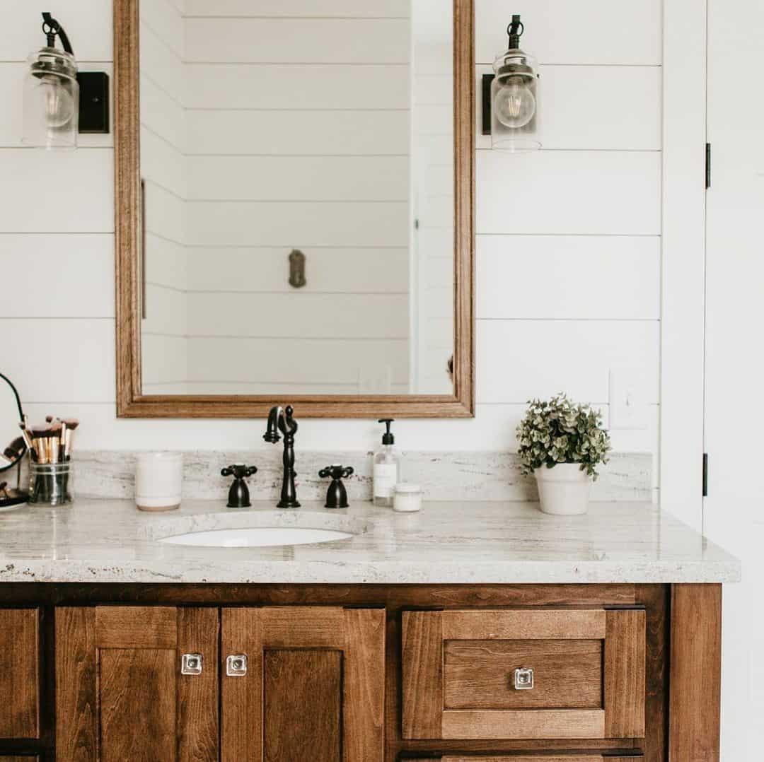 White Shiplap Bathroom with Wood Vanity - Soul & Lane