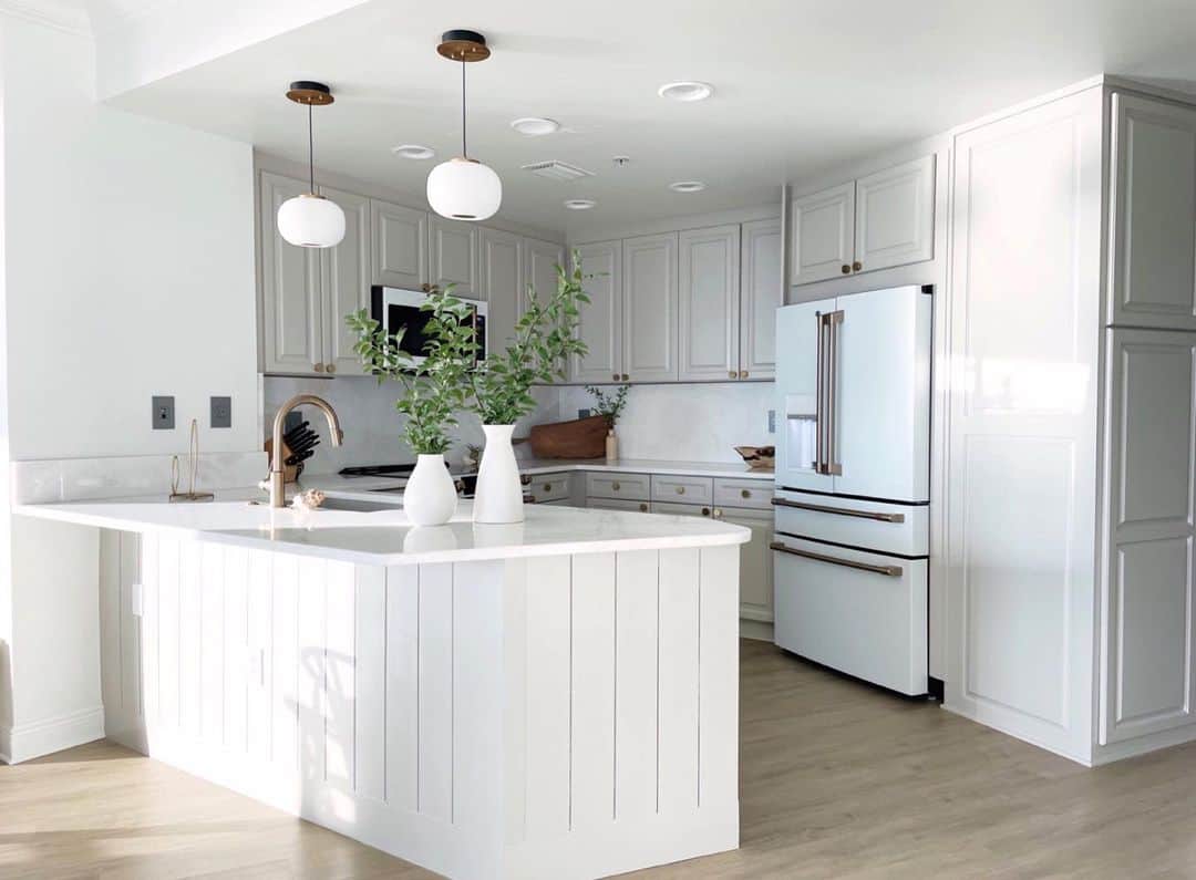 White Vertical Shiplap Kitchen Peninsula - Soul & Lane