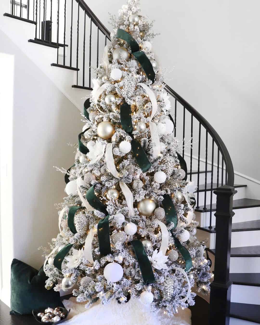 Elegant Flocked Christmas Tree with Green Ribbon - Soul & Lane