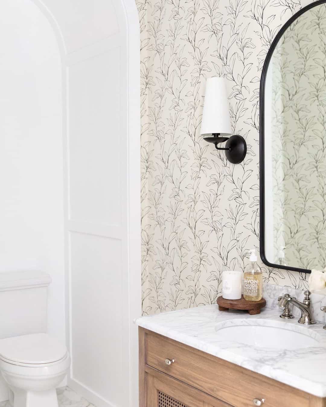 Floral Wallpaper Accents a Neutral Small Bathroom - Soul & Lane