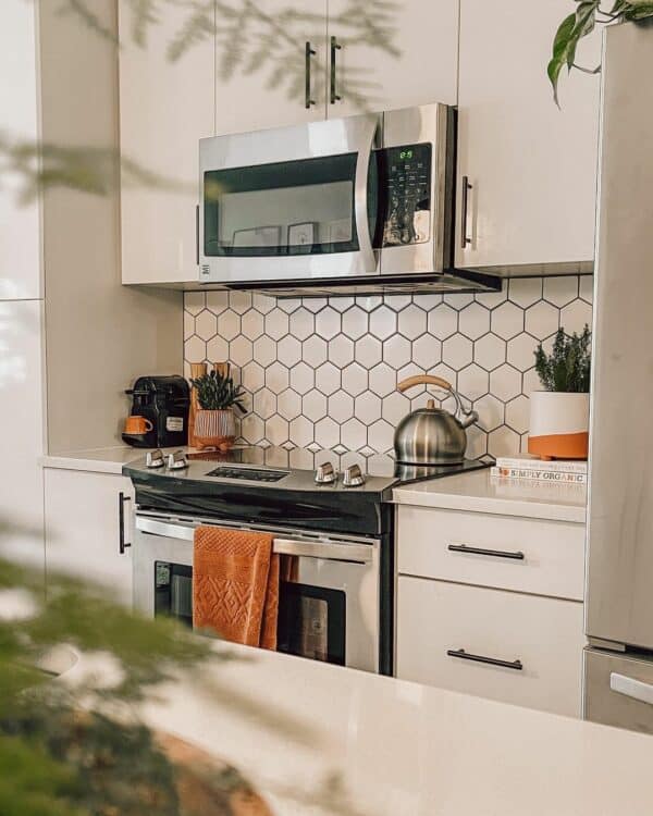 Hexagon Tile Backsplash in White Kitchen - Soul & Lane