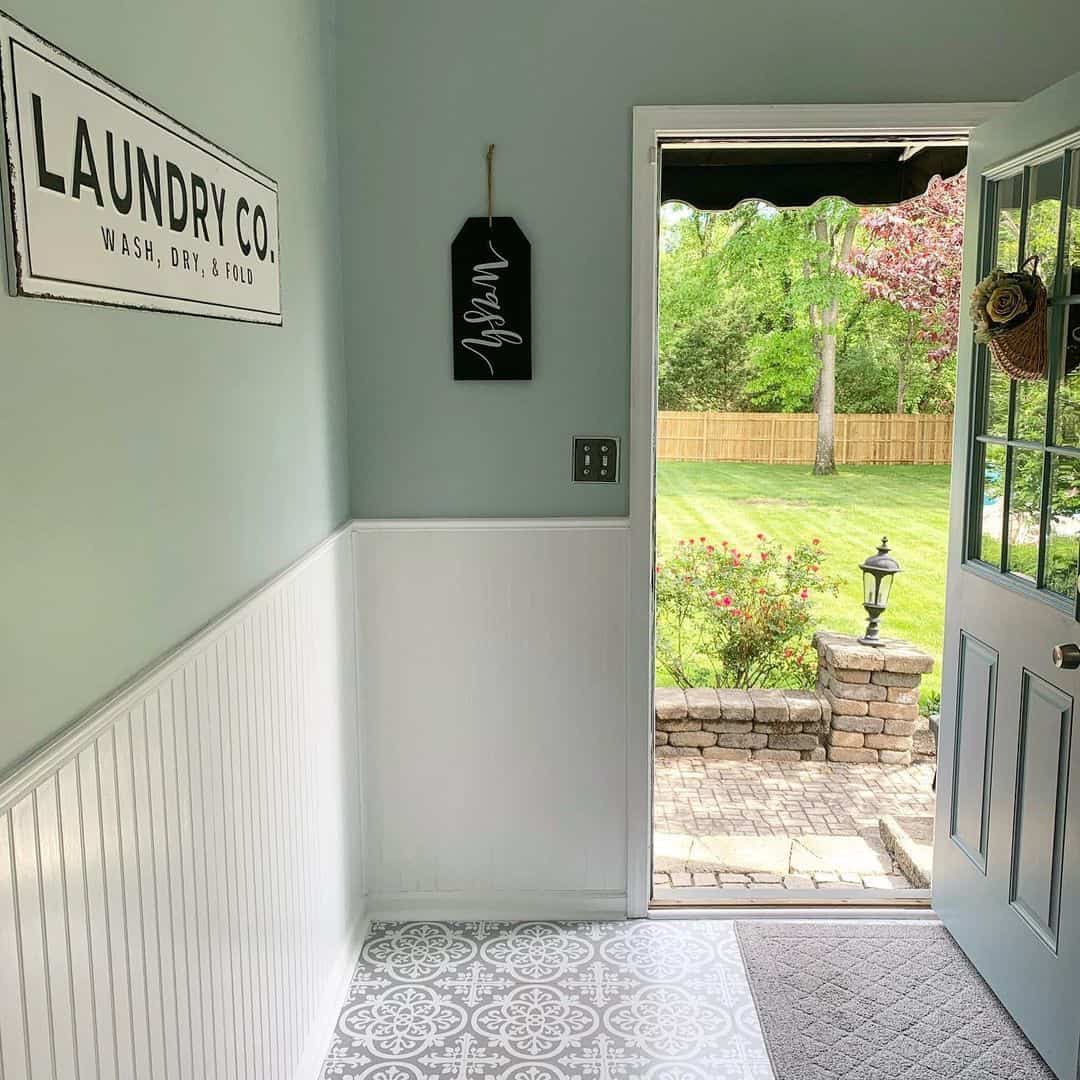 Mint-Colored Laundry Room with Delicate White Wainscoting - Soul & Lane