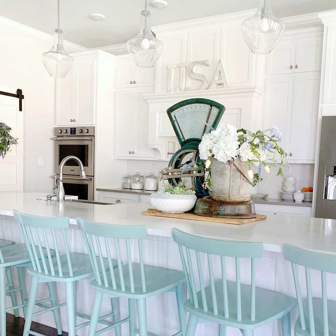 Mint Green Chairs In White Kitchen - Soul & Lane