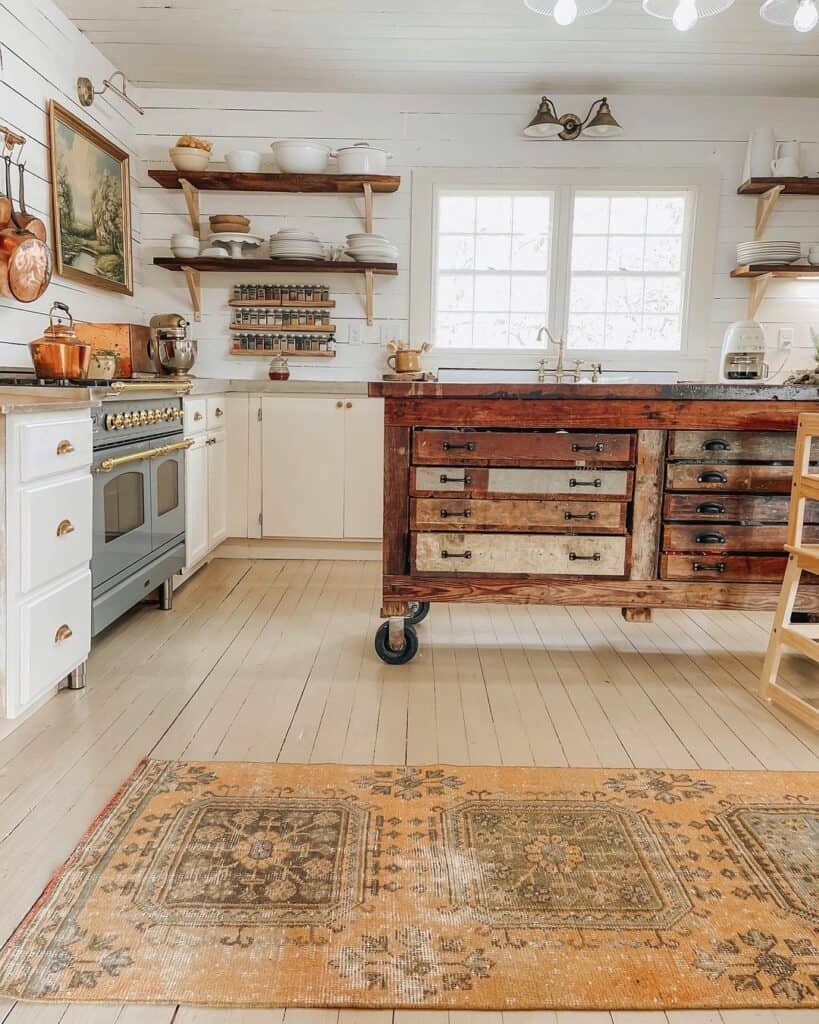 Rolling Island in White Shiplap Kitchen - Soul & Lane