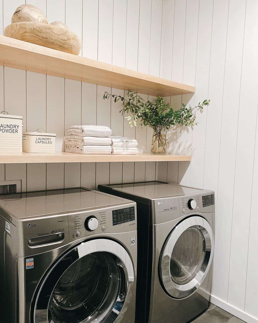 Vertical Shiplap Laundry Room with Floating Shelves - Soul & Lane
